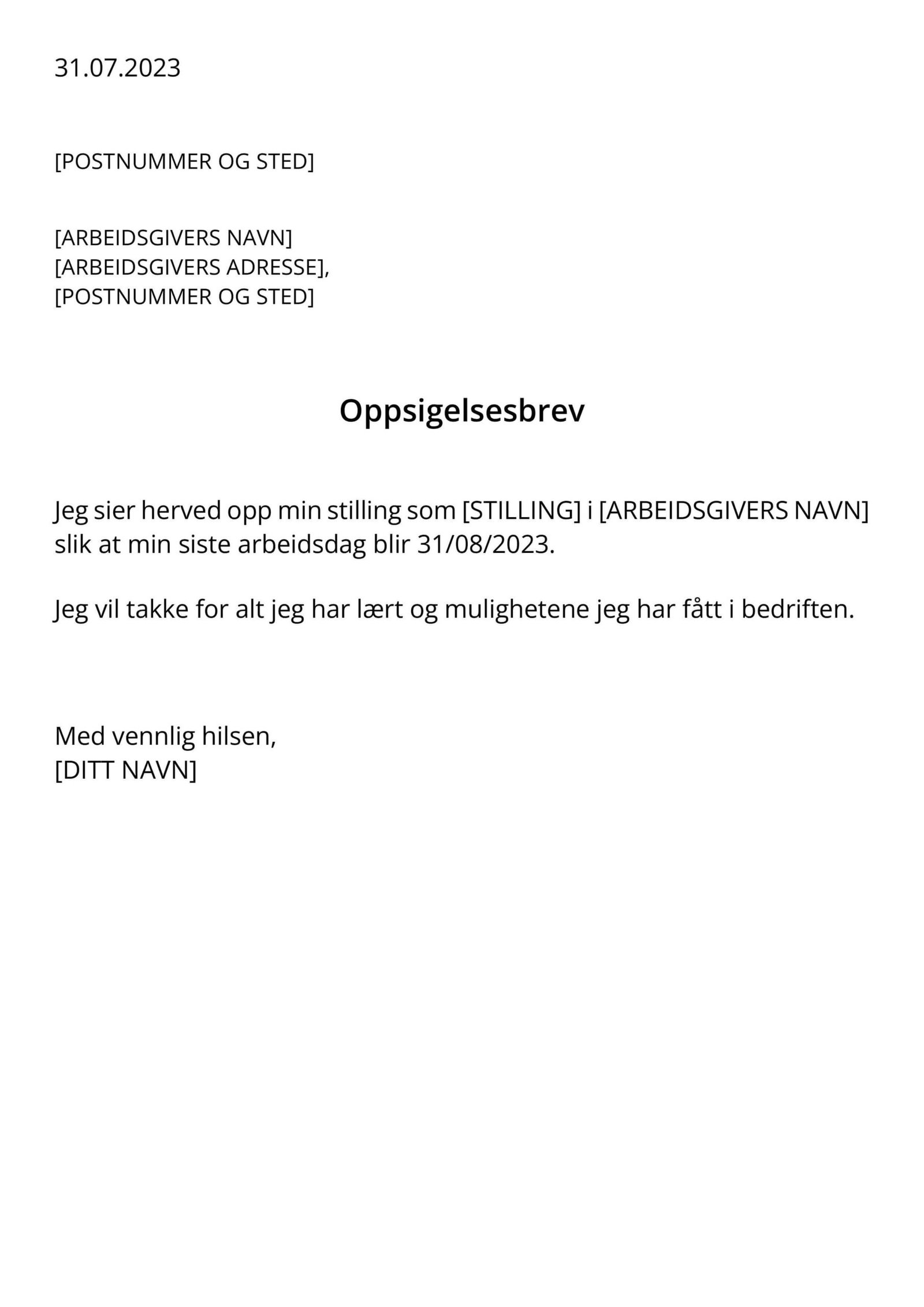 Oppsigelsesbrev mal gratis PDF